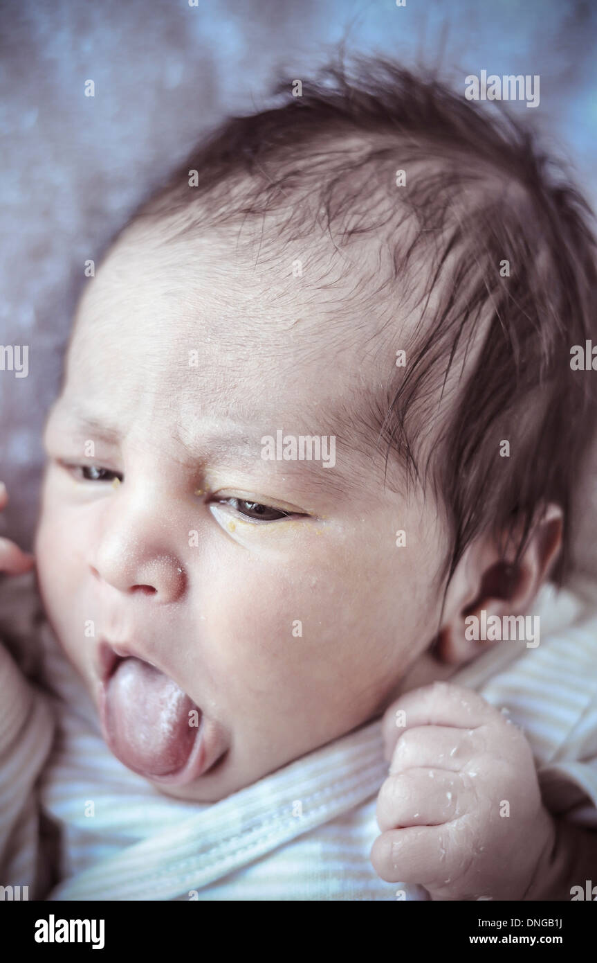 new born baby curled up sleeping on a blanket, multiple expressions ...