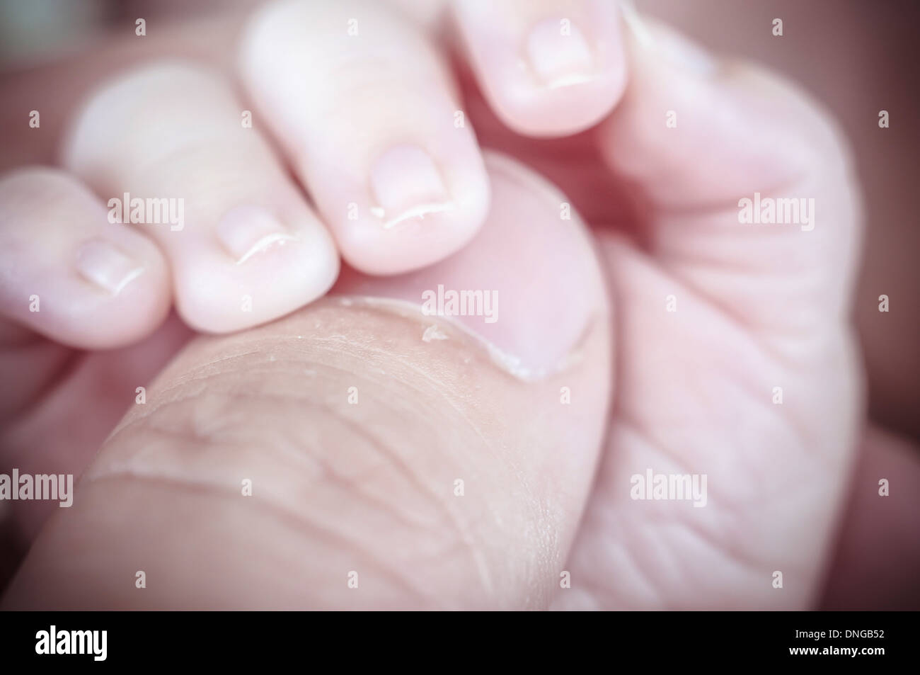 Hand, new born baby curled up sleeping on a blanket, multiple ...