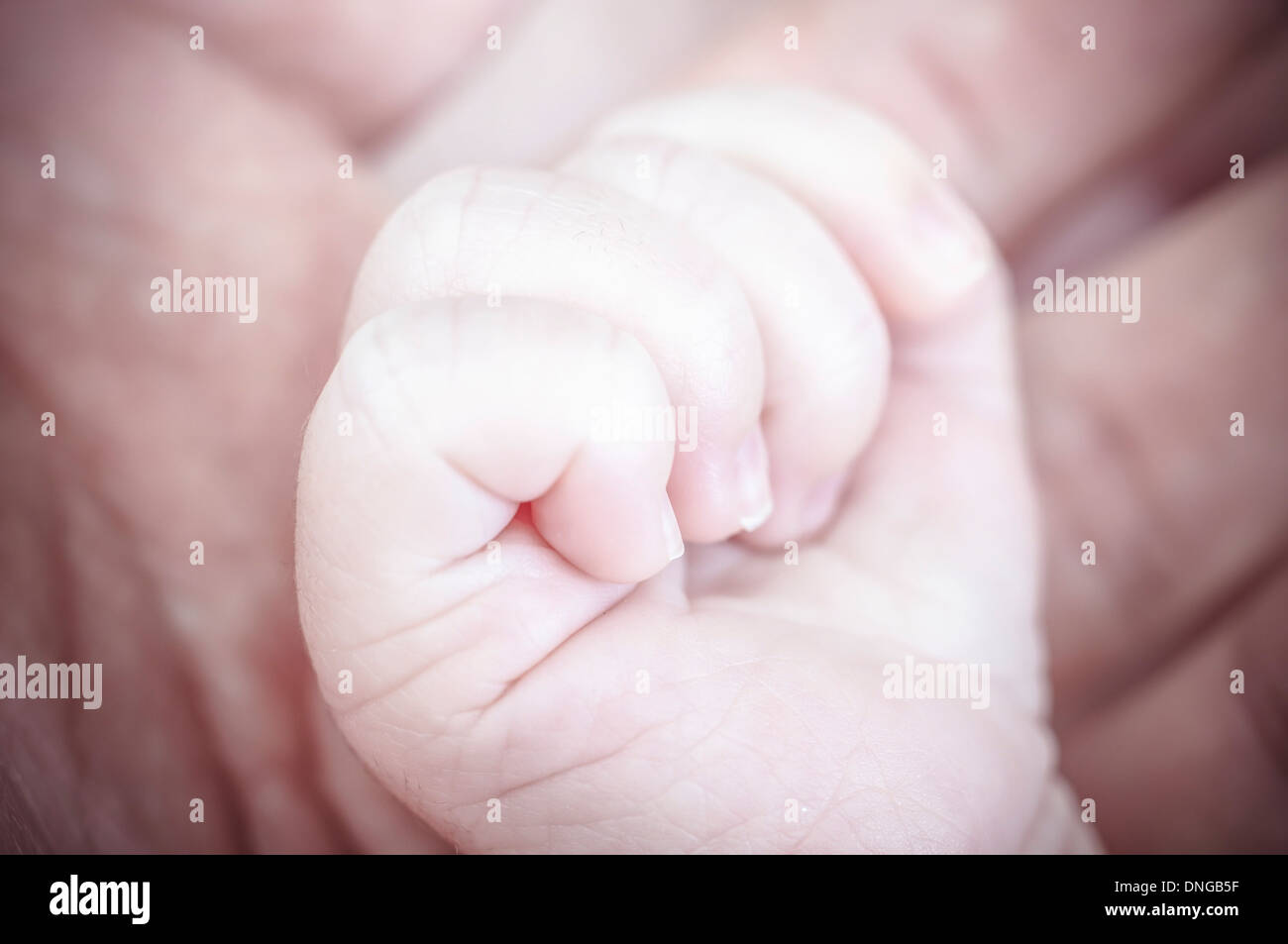 Hand, new born baby curled up sleeping on a blanket, multiple ...