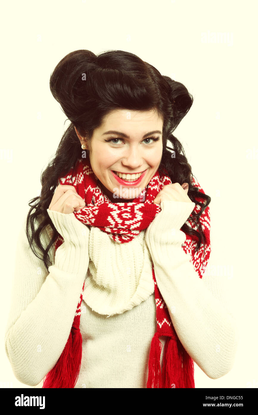 winter fashion portrait brunette woman retro hairstyle in warm clothes ...