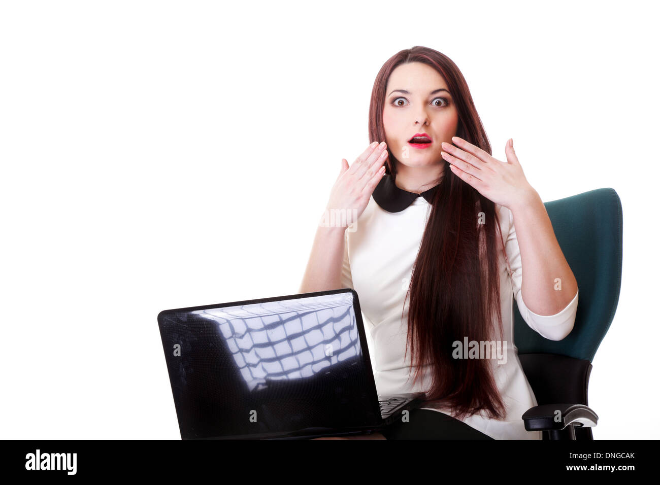 business woman reading bad news at laptop isolated on white background ...