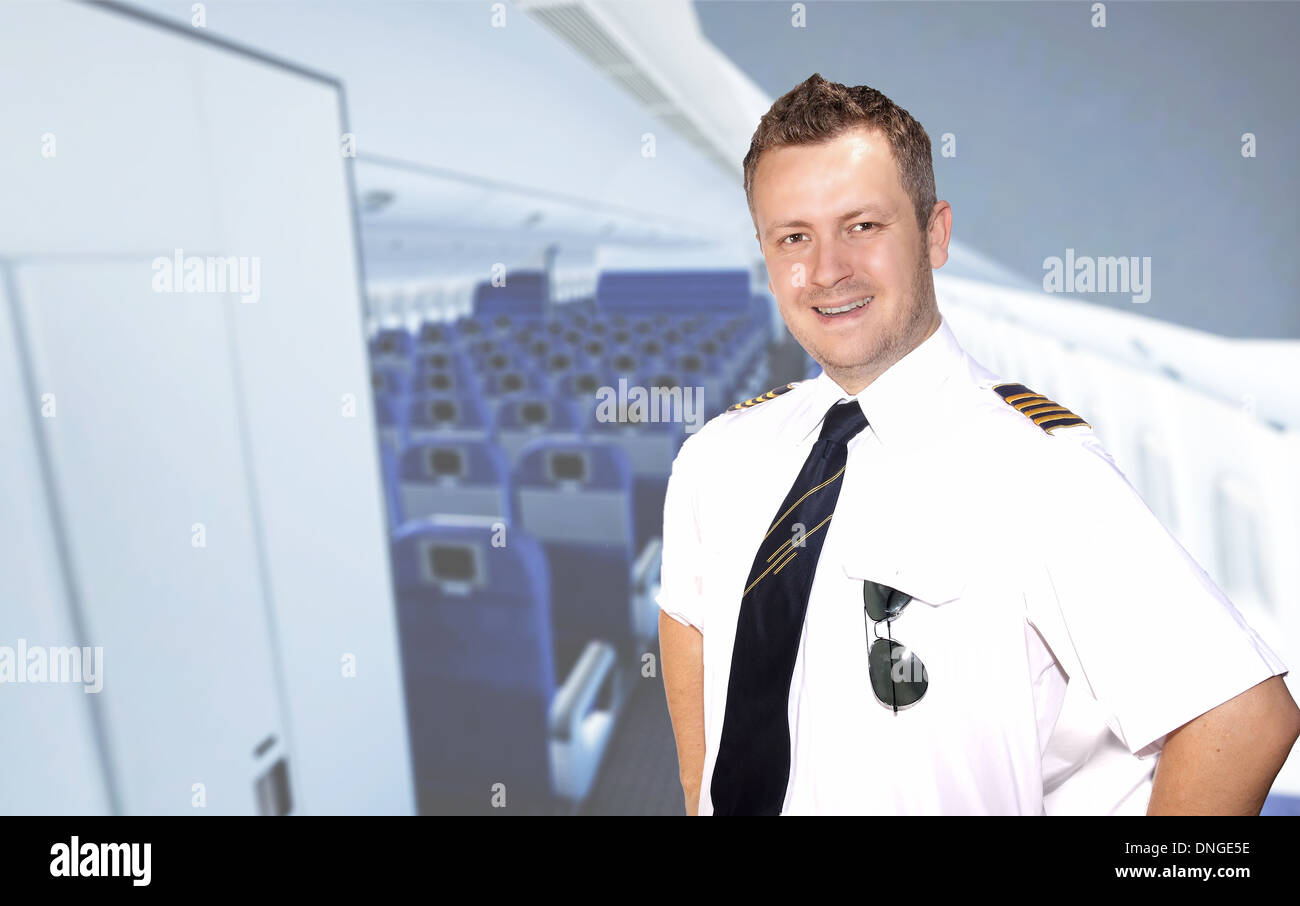 Welcome on board - captain in plane welcome passengers Stock Photo - Alamy