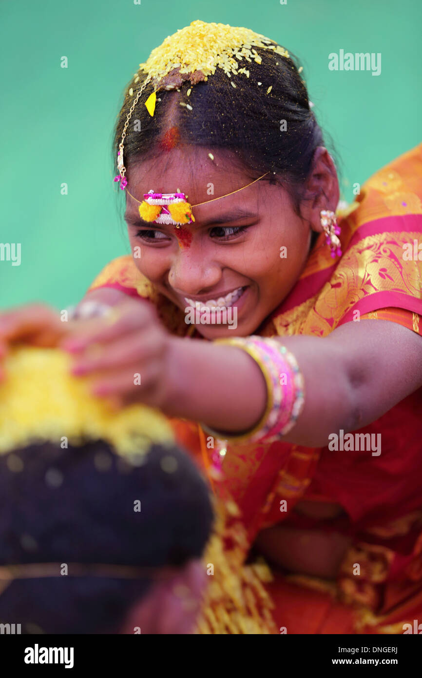 Happy bride during her wedding - South India Stock Photo - Alamy