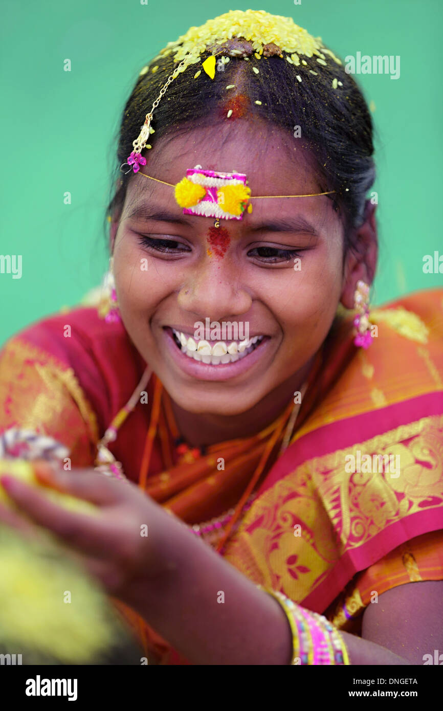 Happy bride during her wedding - South India Stock Photo - Alamy