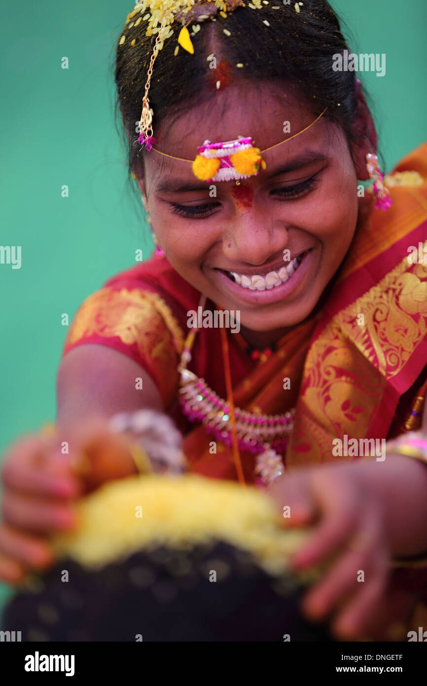 Happy bride during her wedding - South India Stock Photo - Alamy