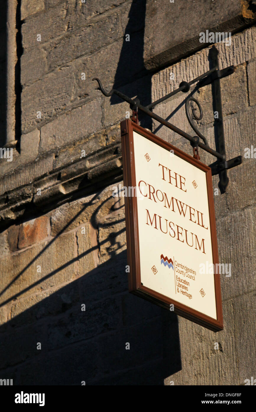 Sign for The Cromwell Museum at the former school of Oliver Cromwell ...