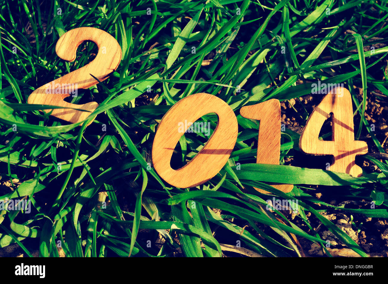 wooden numbers forming 2014, as the new year, on the grass Stock Photo ...
