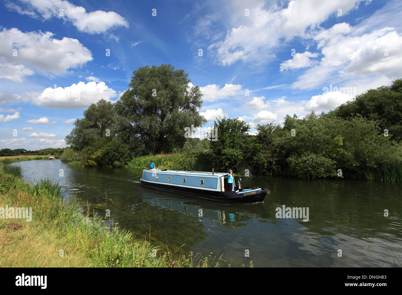 Summer, narrowboat on the river Nene, Oundle town, Northamptonshire ...