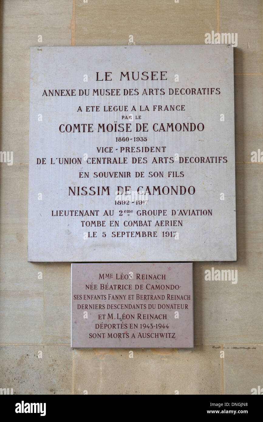 Plaque at entrance to Musée Nissim de Camondo, Paris, France Stock ...