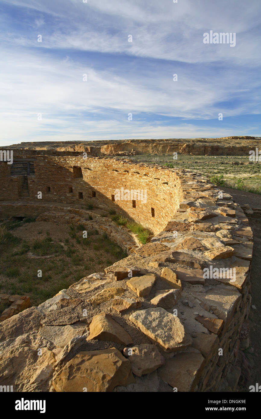 Kiva and sandstone bluffs, Casa Rinconada, Chaco Culture National ...