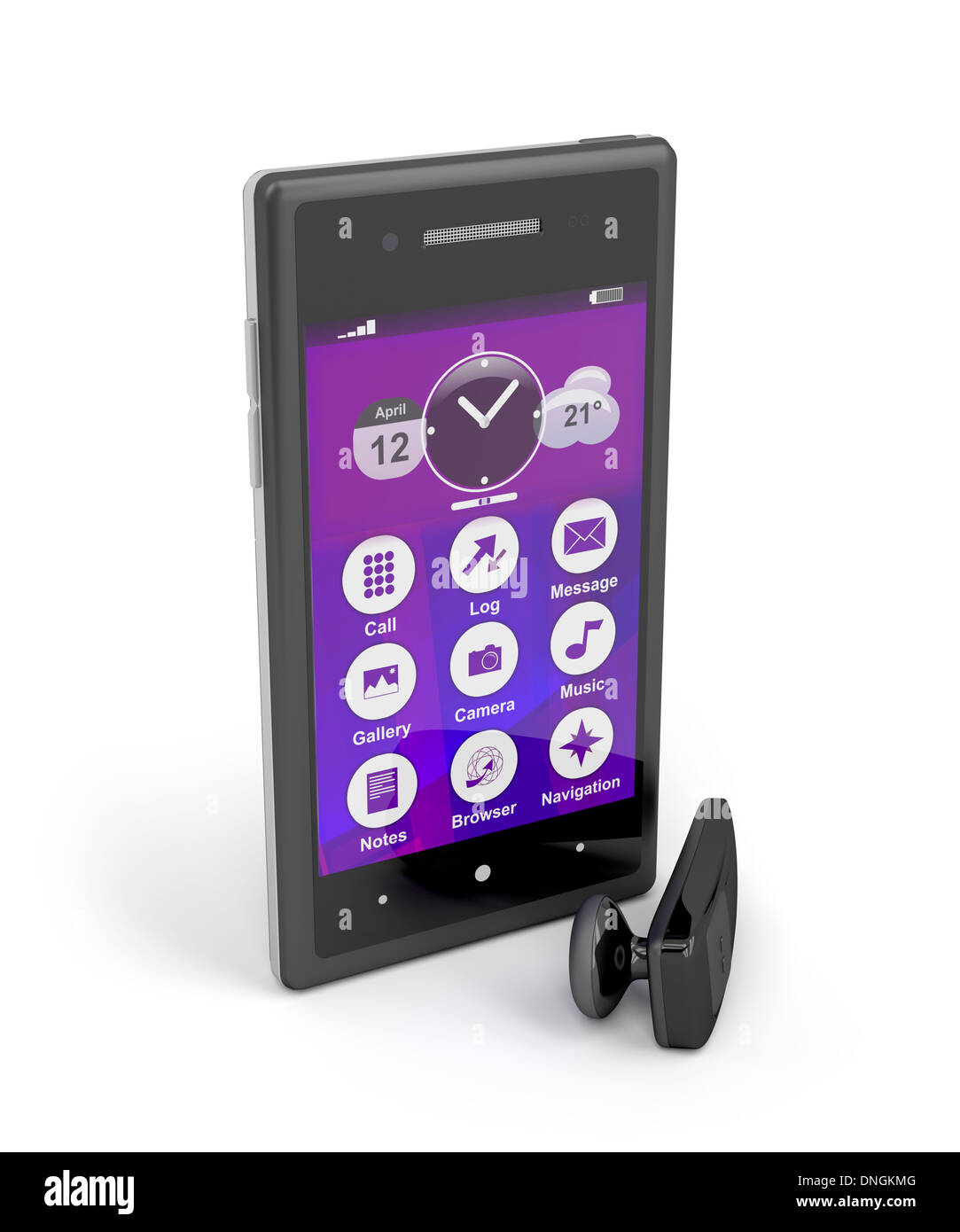 Smartphone and wireless handsfree device on white background Stock ...