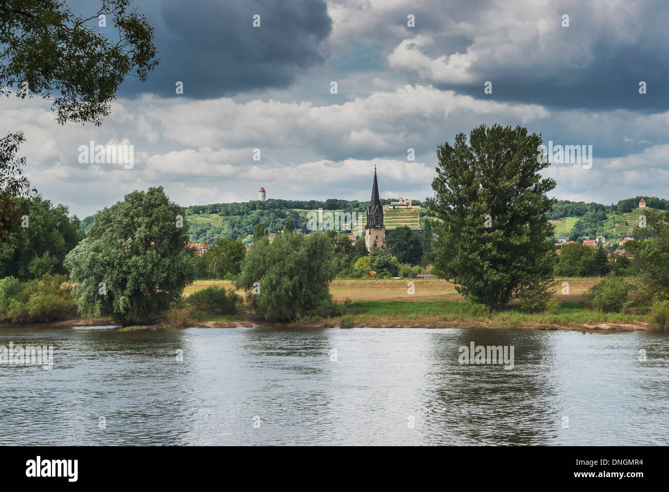 View to the Friedenskirche in Radebeul Kötzschenbroda, the water tower ...