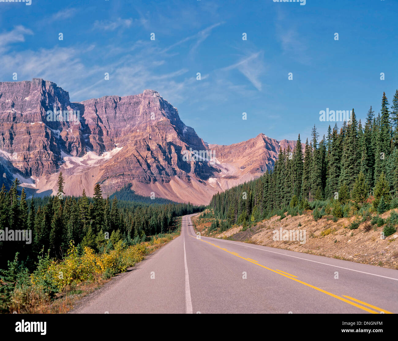 Transportation road showing Canadian Rockies in background, Alberta ...