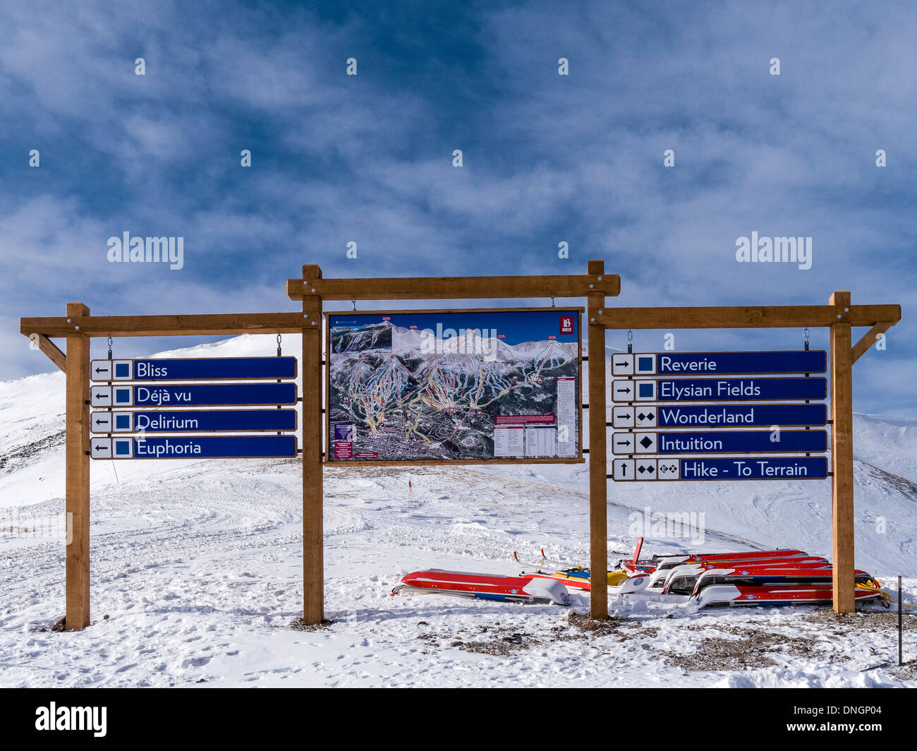 Trail signs at the top of the Kensho Superchair, Peak 6, Breckenridge ...