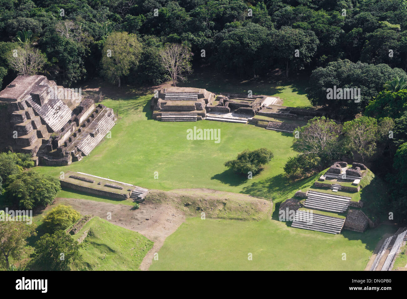 aerial view of Altun Ha, maya ruins in the tropical jungle of Belize ...