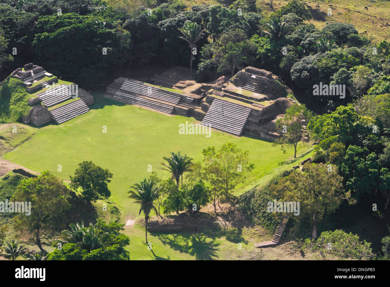 aerial view of Altun Ha, maya ruins in the tropical jungle of Belize ...