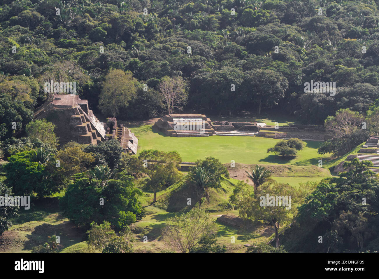 aerial view of Altun Ha, maya ruins in the tropical jungle of Belize ...