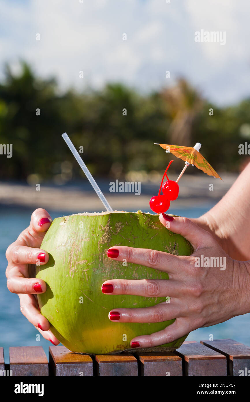 coconut drink served in a green coconut with rum and juices served on ...