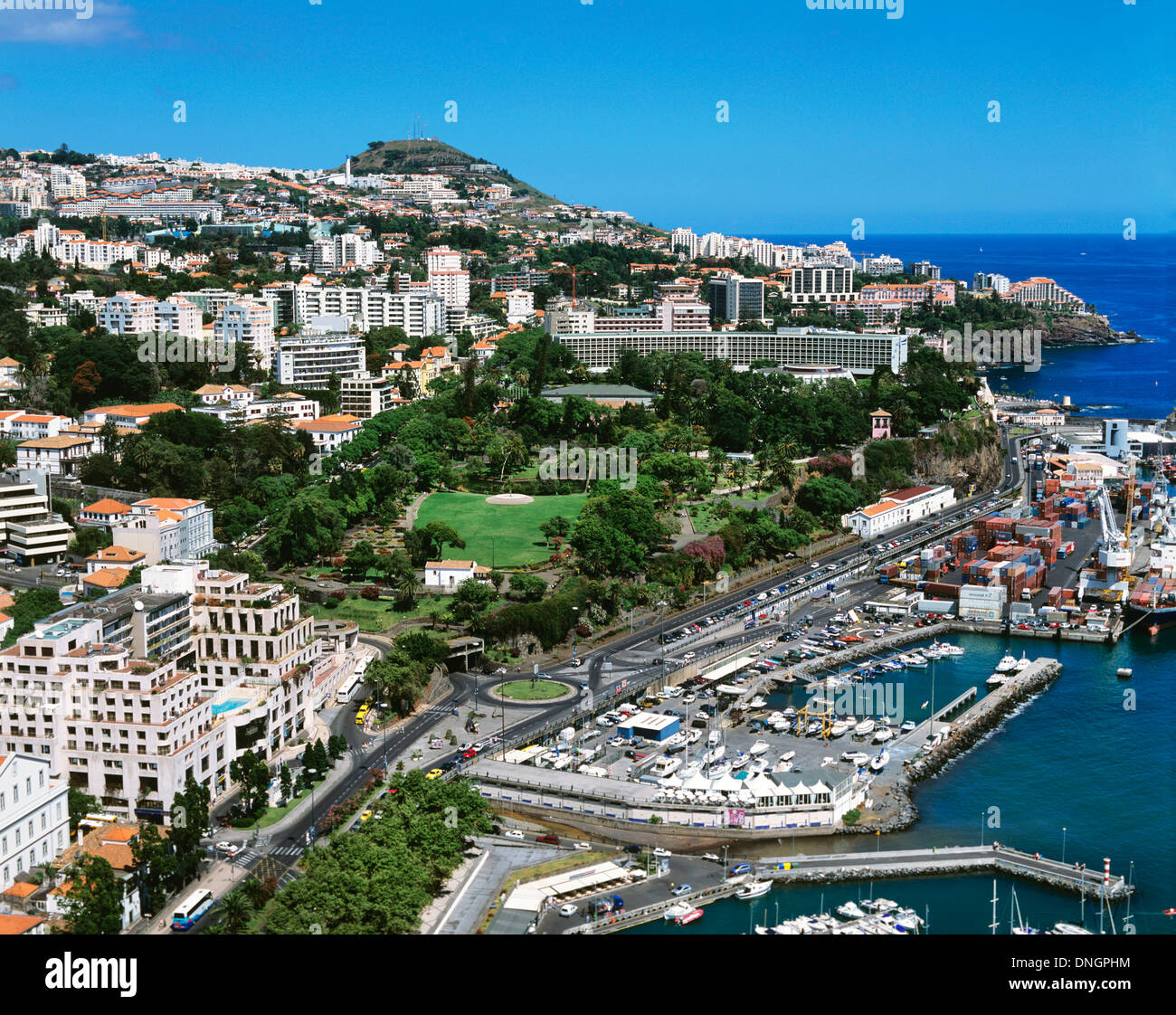 Aerial view of Funchal showing Port and cityscape, Funchal, Madeira ...
