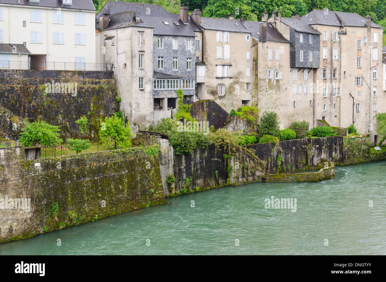 River side houses along the Gave d'Aspe, Oloron-Sainte-Marie, Pyrenees ...