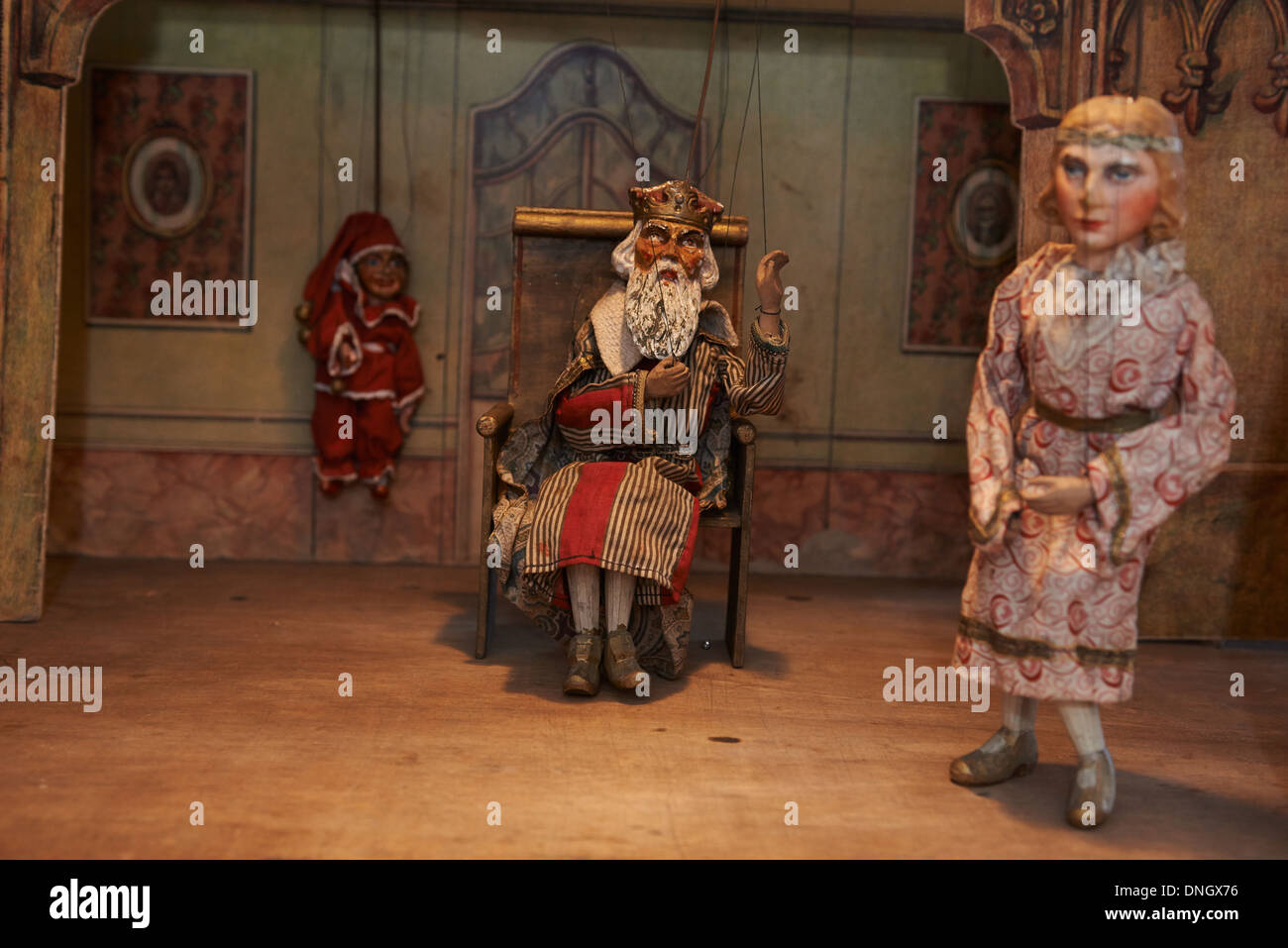 Vintage puppet theater - show - King, Princess and Kasperle Stock Photo ...
