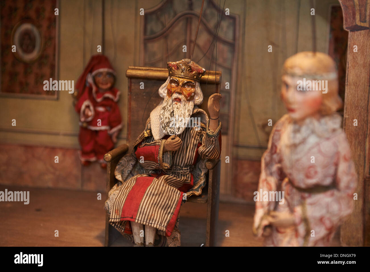Vintage puppet theater - show - King, Princess and Kasperle Stock Photo ...