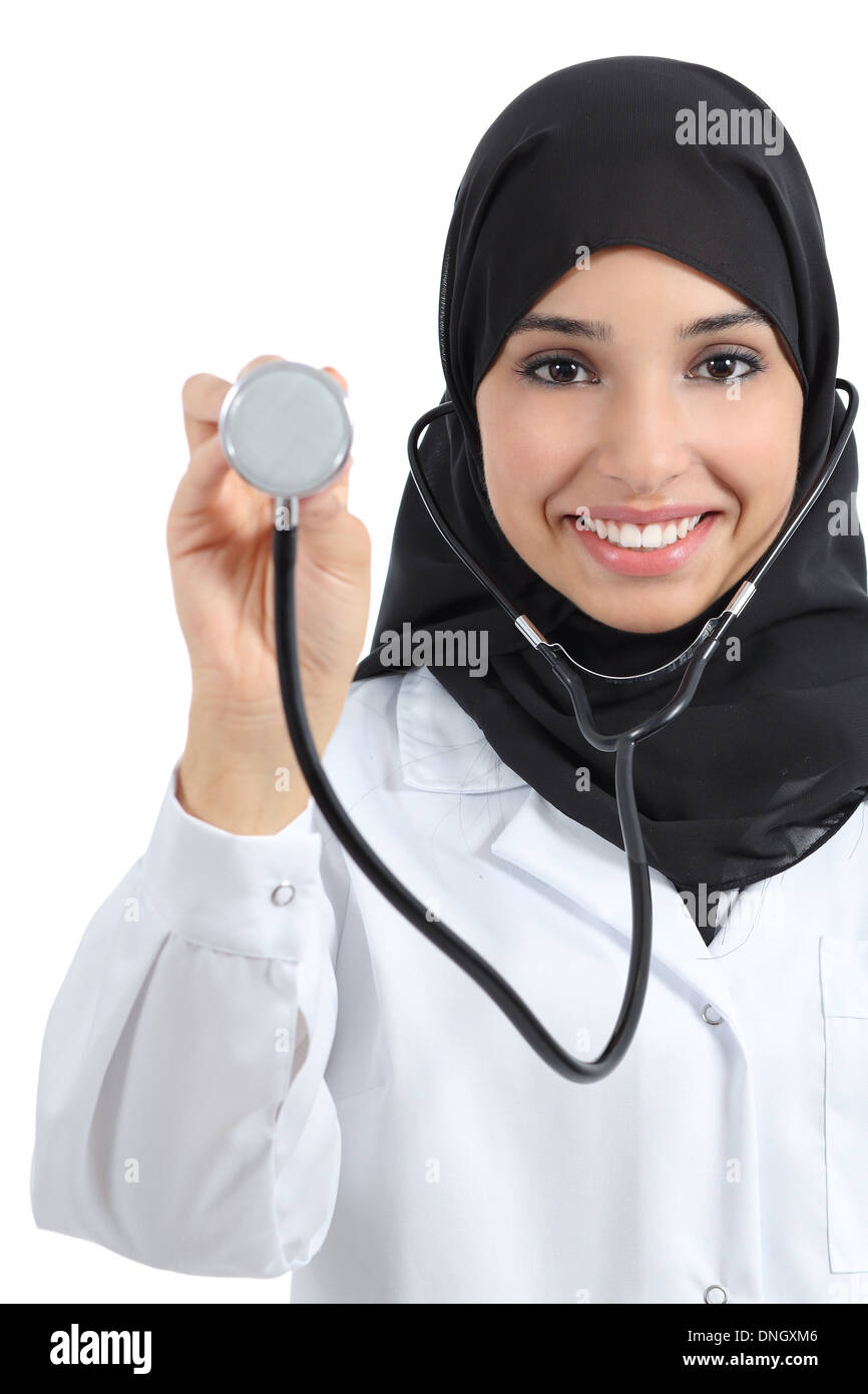 Front view of an Arab doctor woman showing stethoscope isolated on a ...