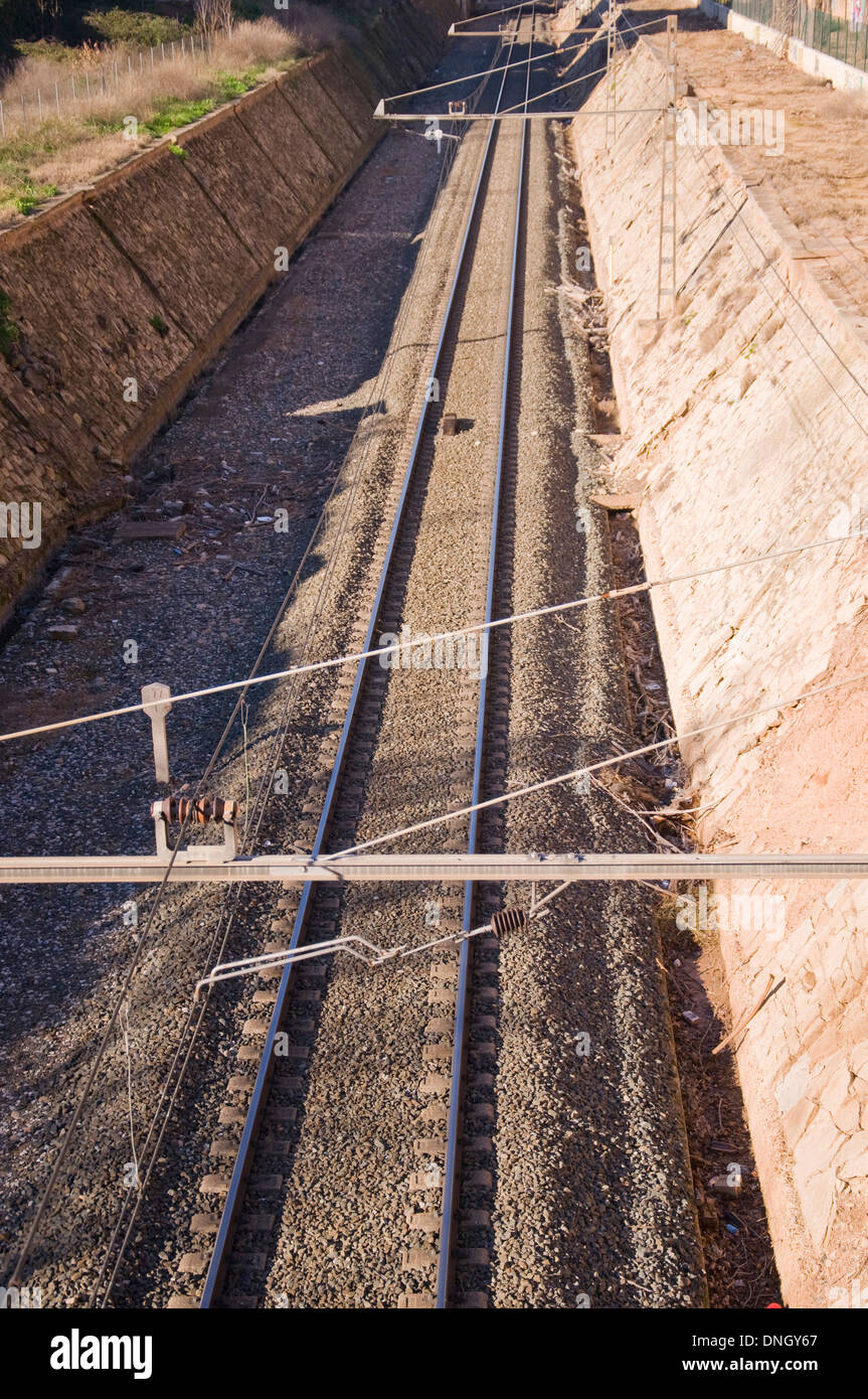 A photo of train tracks taken from a bridge Stock Photo - Alamy