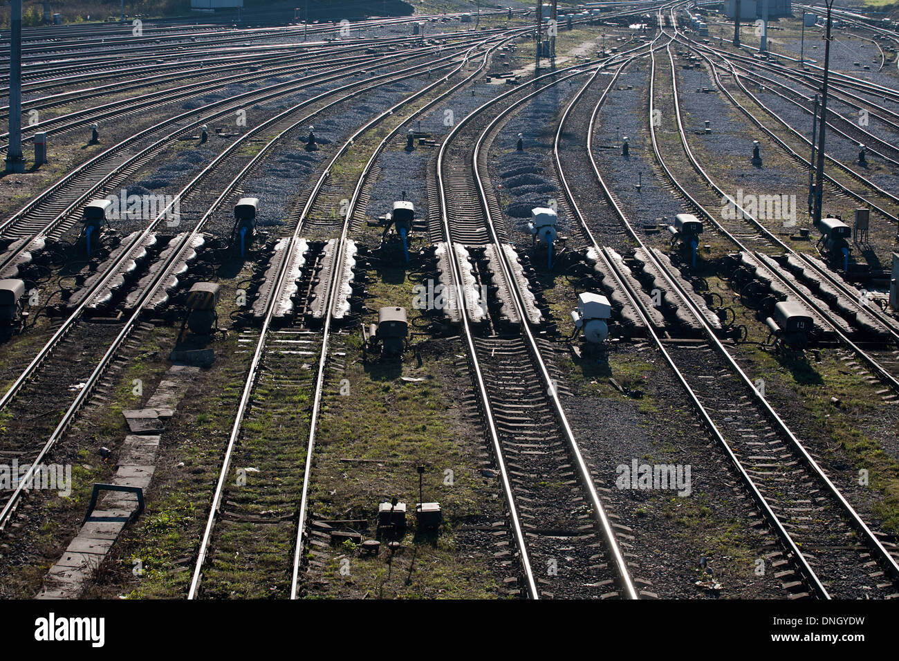 top view to a lot of parallel railway lines at marshalling yard Stock ...