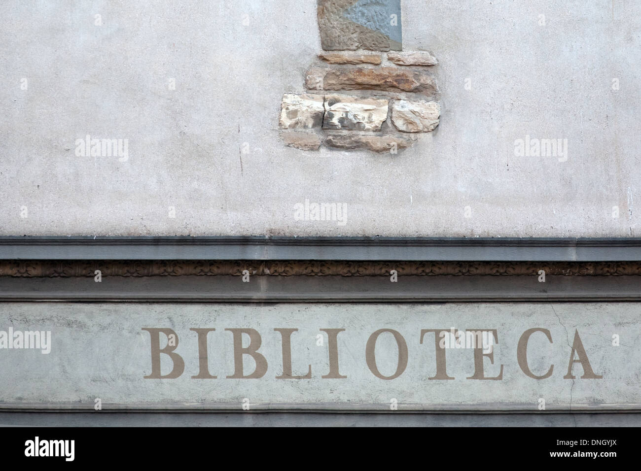 biblioteca, title sign of library in Italian on the wall Stock Photo ...