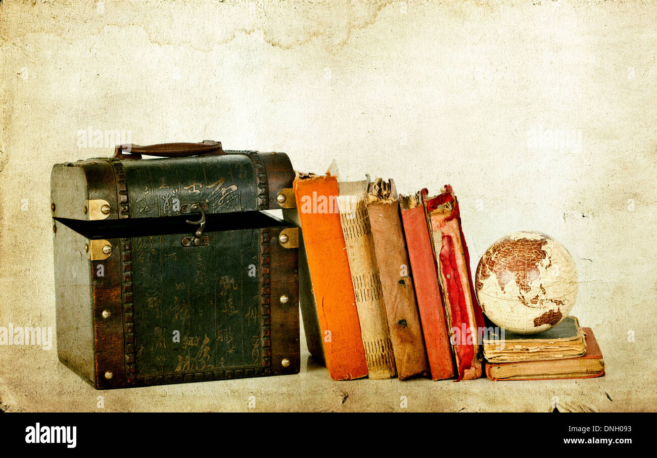 Vintage photo of old books, treasure box and Earth globe Stock Photo ...