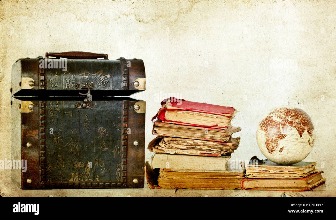 Vintage photo of old books, treasure box and Earth globe Stock Photo ...