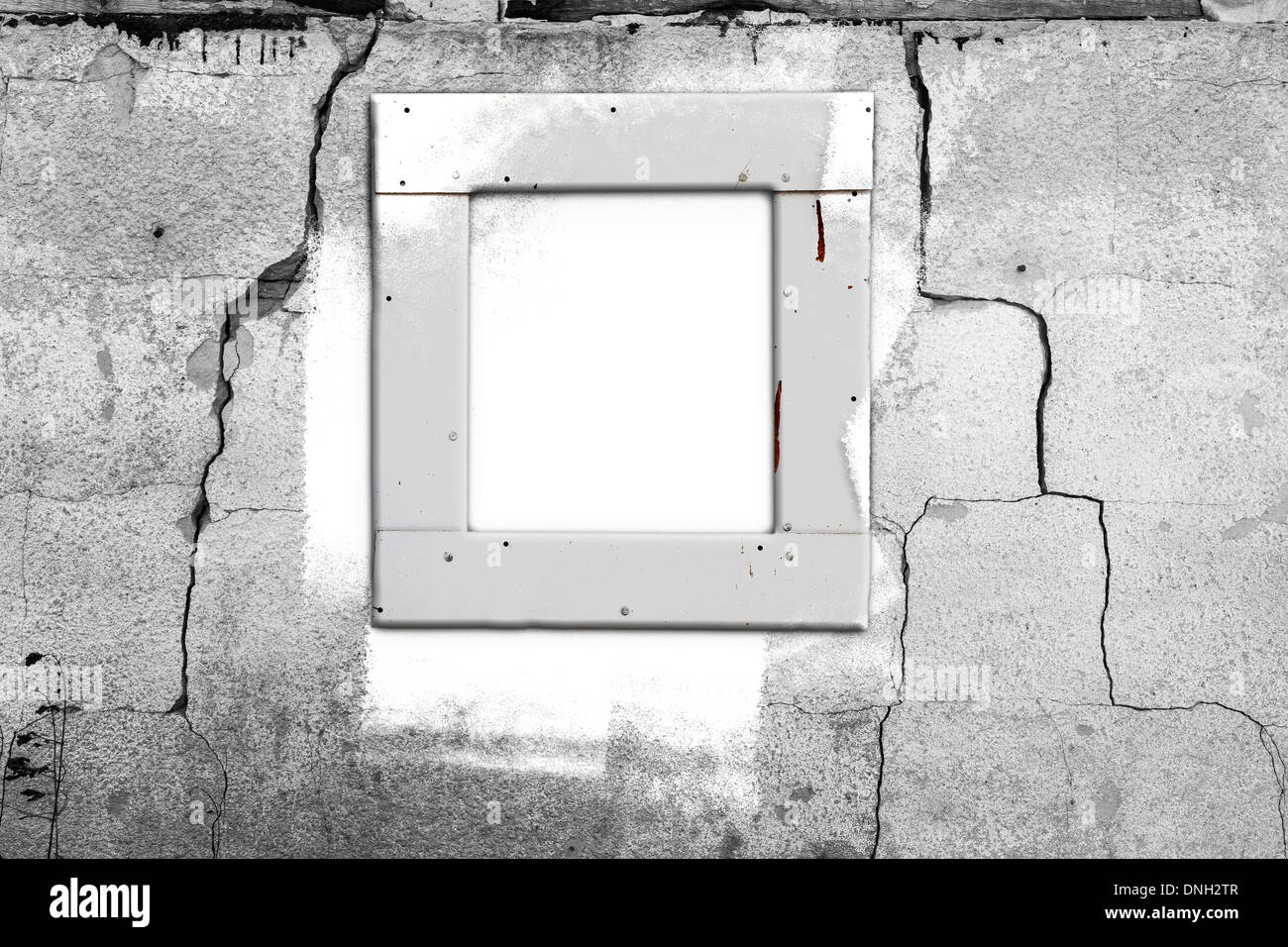 Old cracked wall with a window frame and white streaks of paint Stock ...