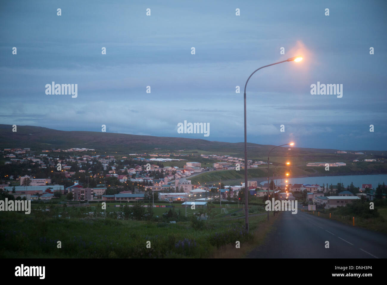 TOWN OF HUSAVIK IN THE MIDNIGHT SUN, NORTHERN ICELAND, EUROPE Stock ...