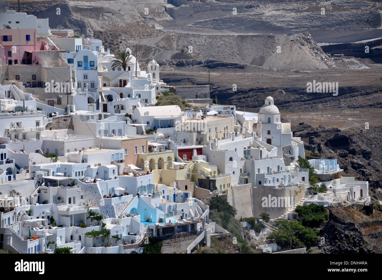 panoramic view of hillside of blue and white houses on Greek island ...
