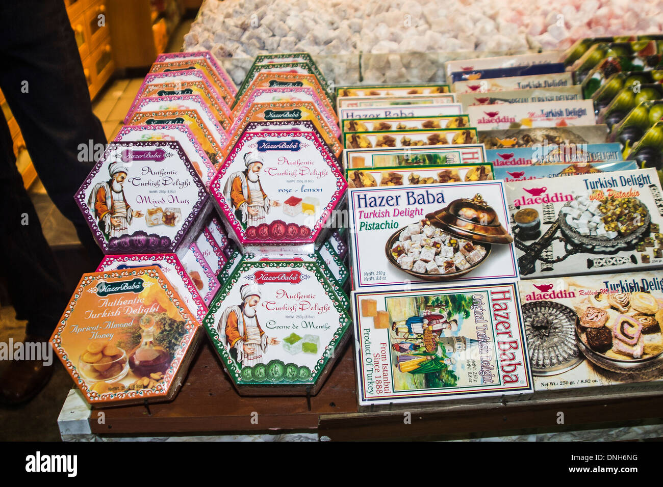 Display of colourful Turkish Delight sweet boxes in shop in the Grand ...