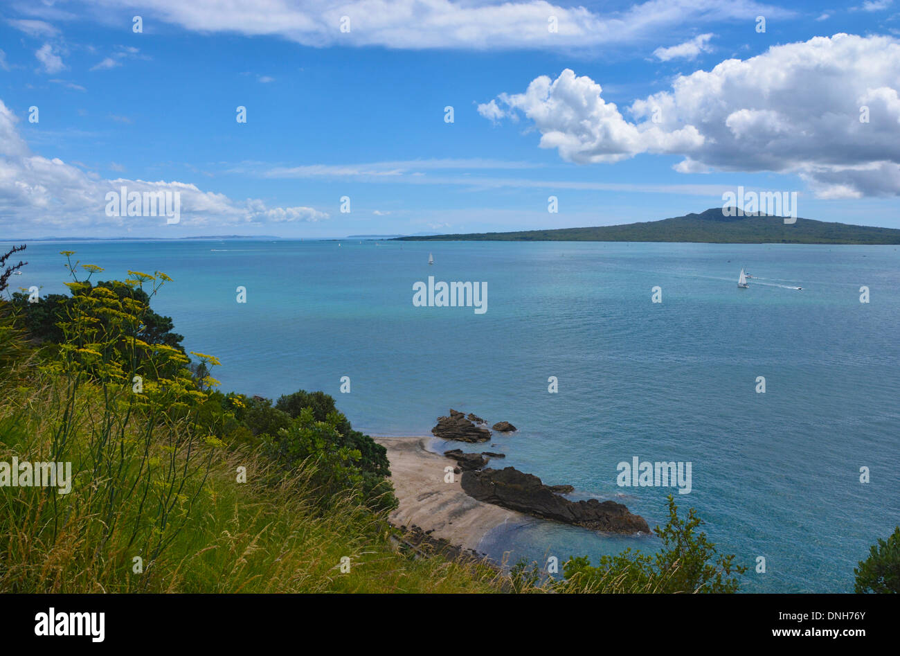 View of extinct volcano Rangitoto and the Huraki Gulf shipping channel ...
