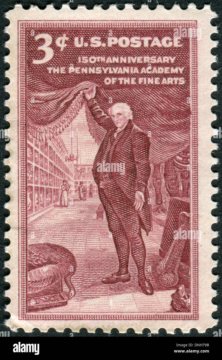 Postage stamp printed in USA, shows Charles Willson Peale in his Museum ...