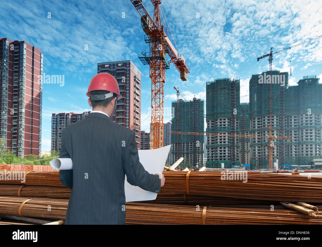 Rear view of architect looking comparing housing project with building ...