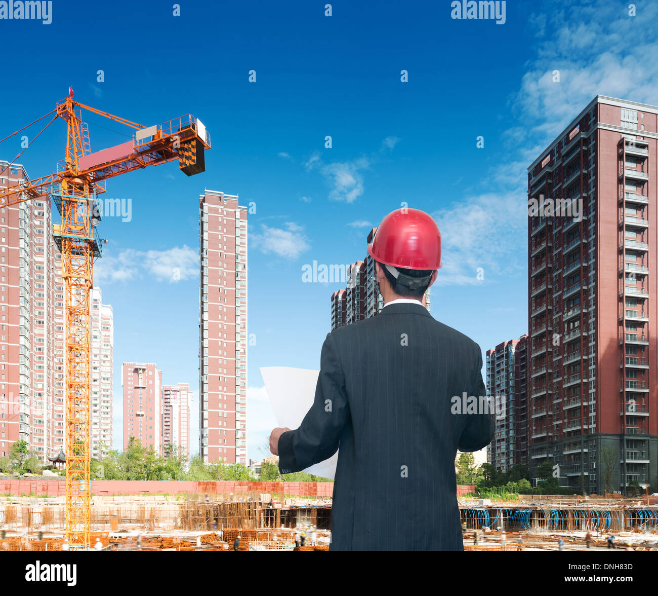 Rear view of architect looking comparing housing project with building ...