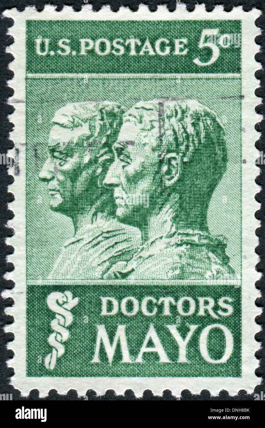 Postage stamp printed in USA, shows Drs. William and Charles Mayo, a ...