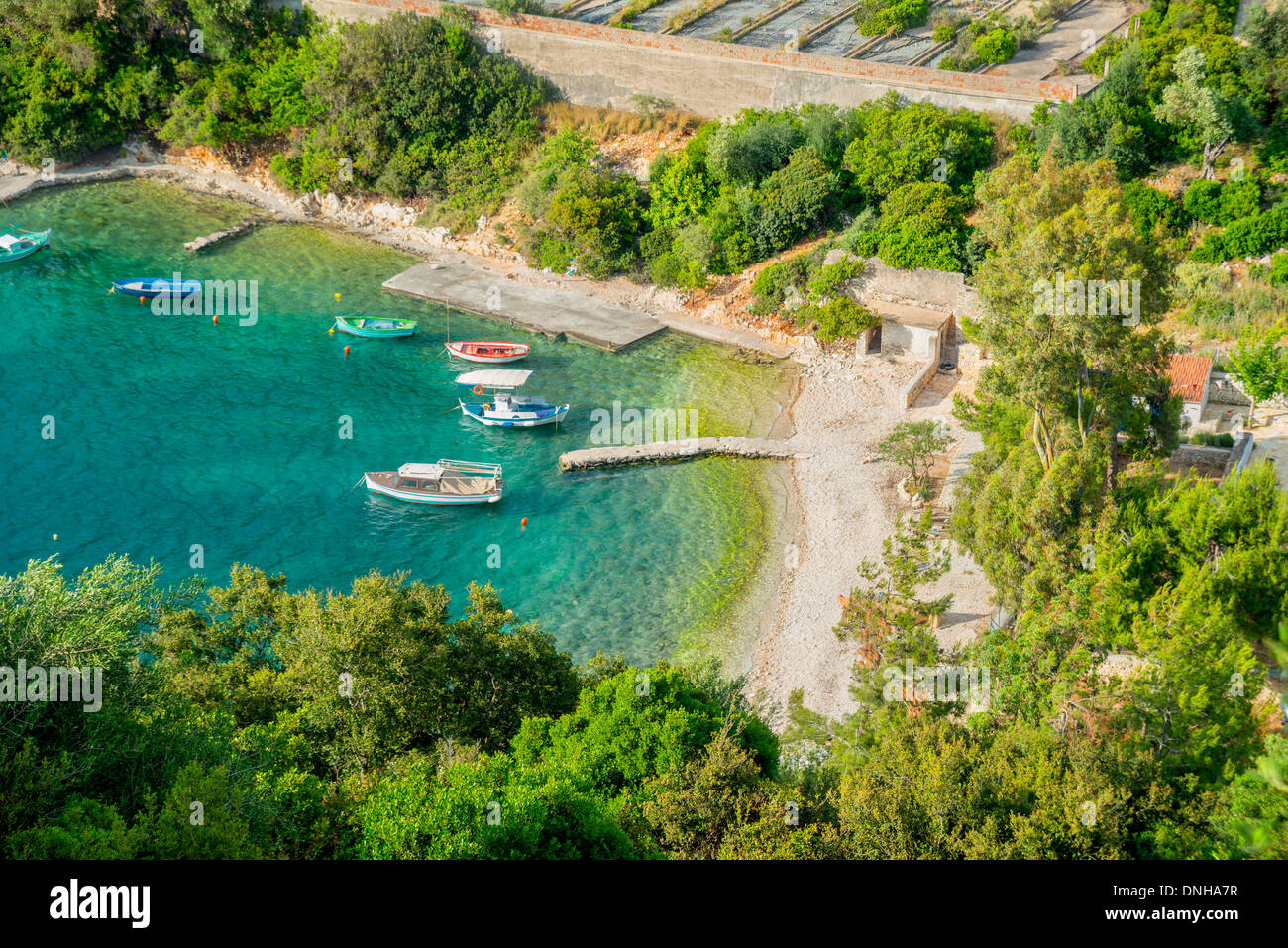 Greece ithaki island, panoramic view of the sea by the main harbor of ...