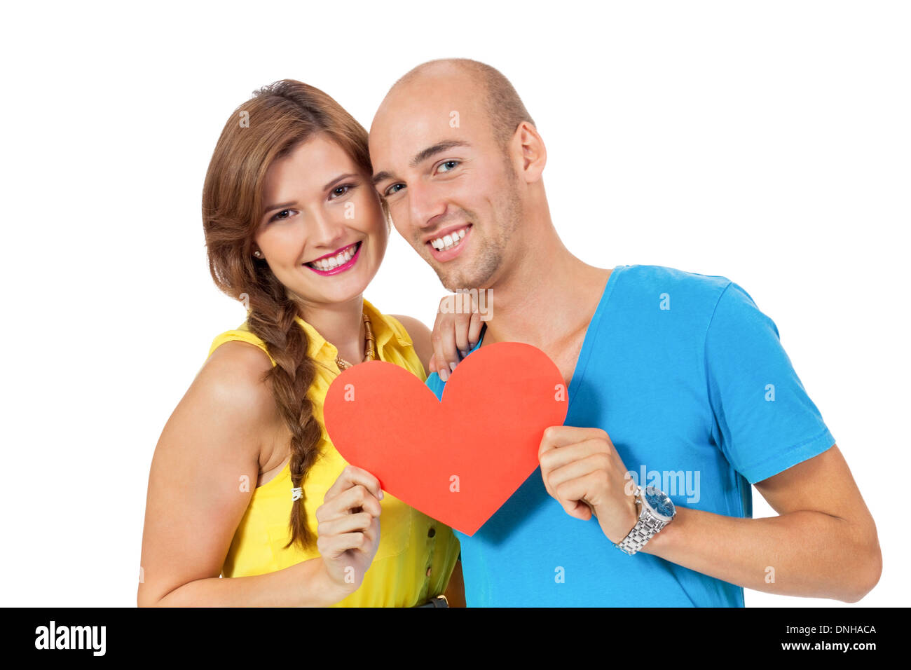 happy young couple in love with red heart valentines day isolated ...