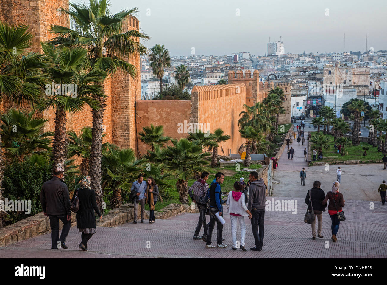 PALM TREES AND THE FORTIFICATIONS SURROUNDING THE OUDAYAS CASBAH, RABAT ...
