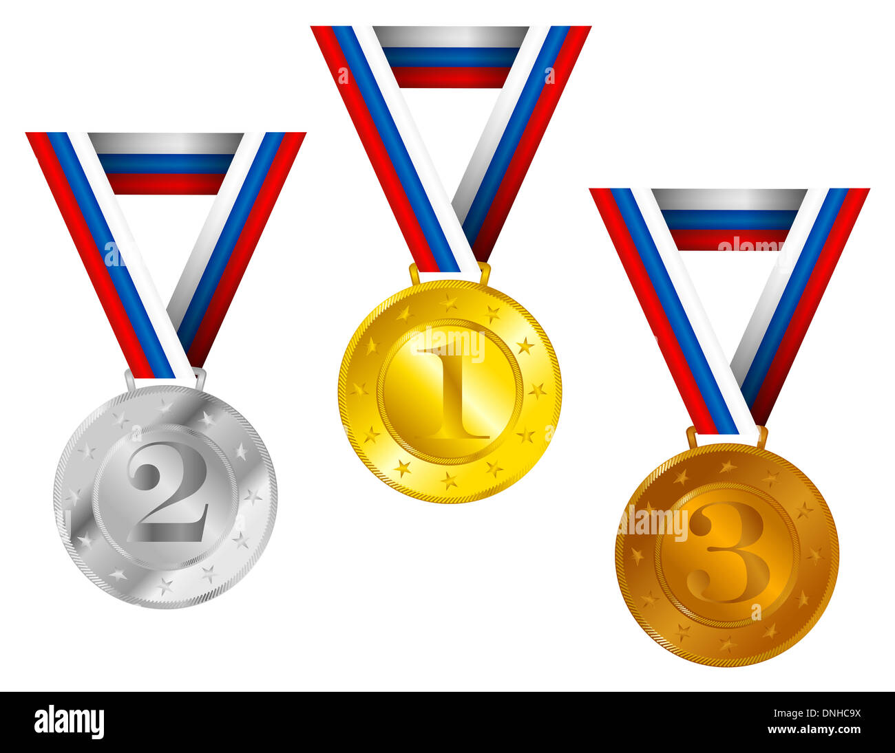 Set of Golden, Silver and Bronze Medals with Ribbons With Russian Flag ...