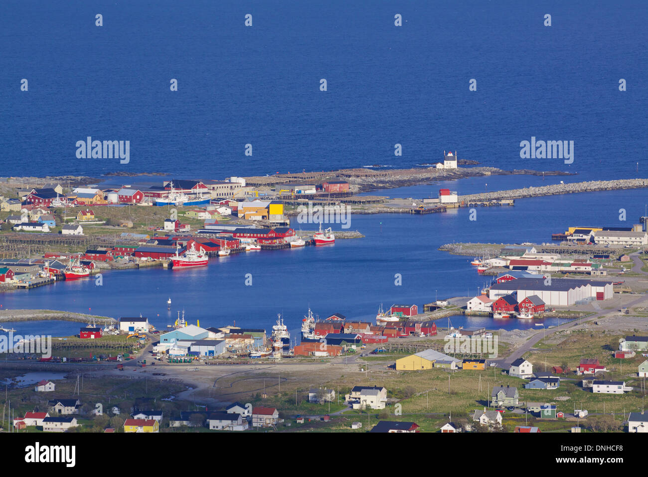 Industrial fishing harbour in town of Sorland on Lofoten islands in ...