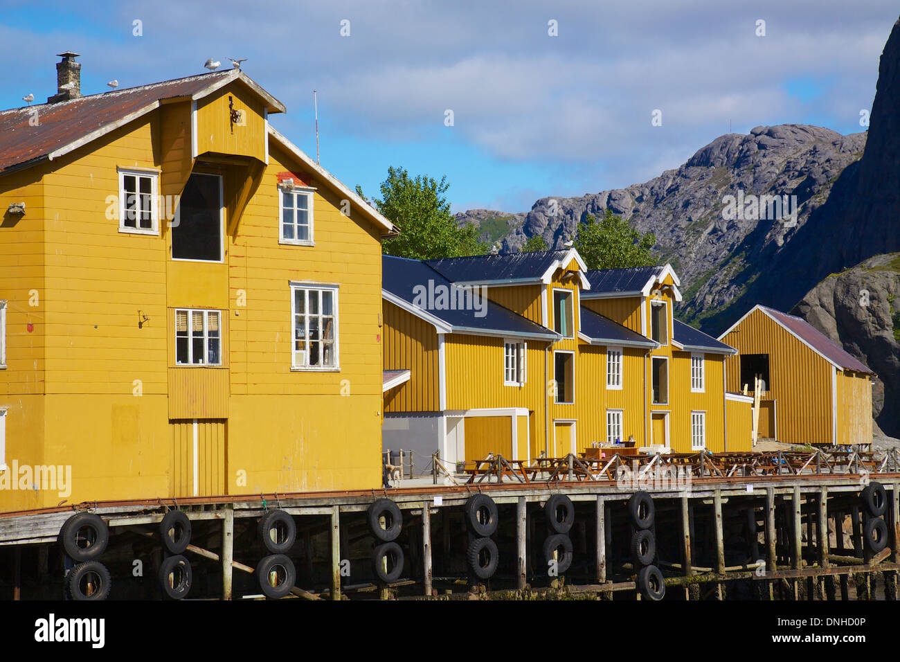 Traditional old fish factory in village of Nusfjord on Lofoten islands ...