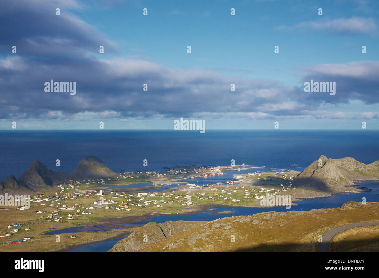 Scenic norwegian town Sorland with colorful houses on island of Vaeroy ...