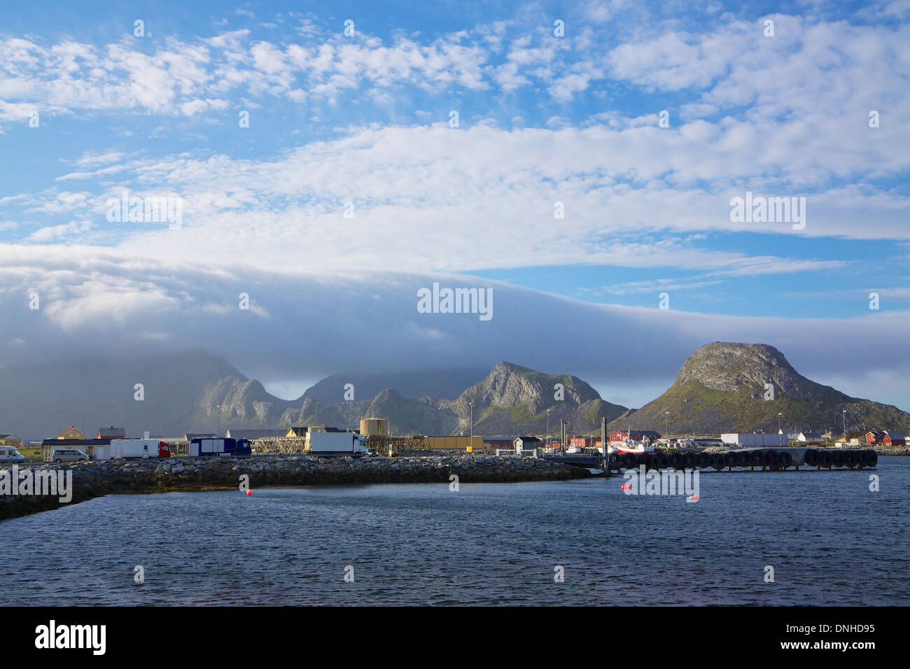 Fishing port of Sorland on island Vaeroy on Lofoten islands, Norway ...