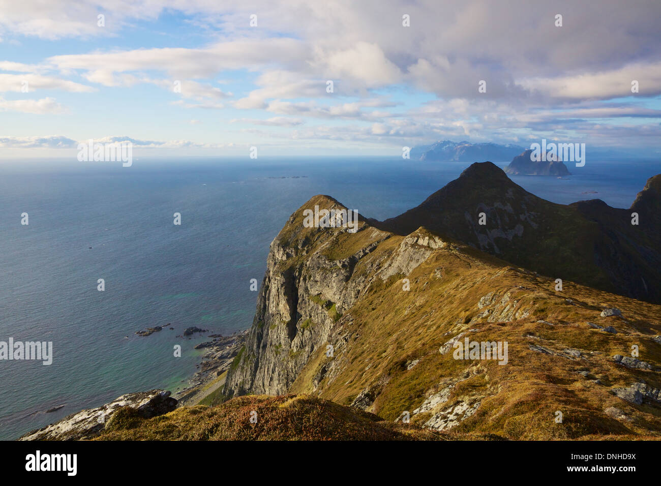 Scenic coastal cliffs on island of Vaeroy, Lofoten islands in Norway ...